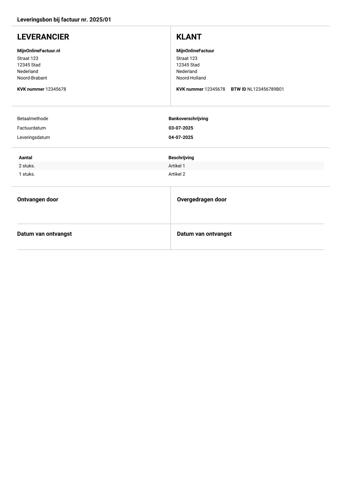 Voorbeeld van een leveringsbon | Mijn-Online-Factuur.nl