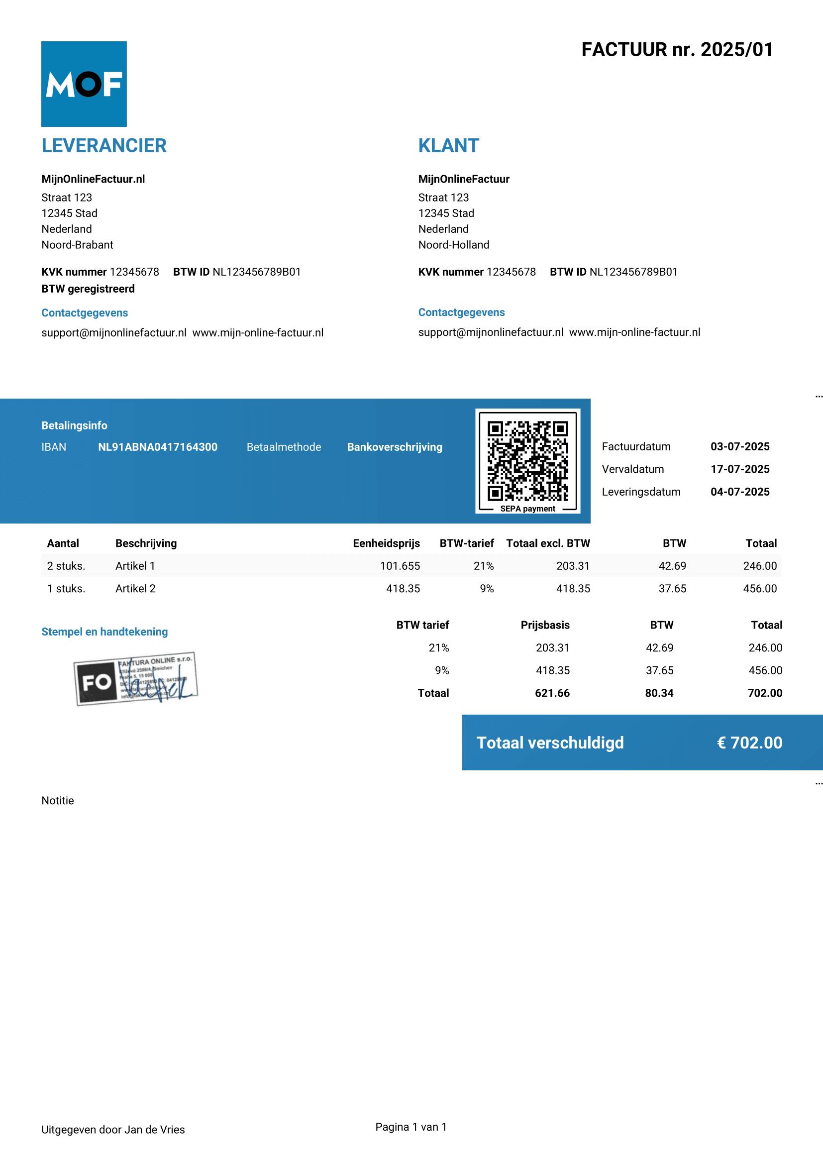 Voorbeeldfactuur met btw - belastingdocument | Mijn-Online-Factuur.nl